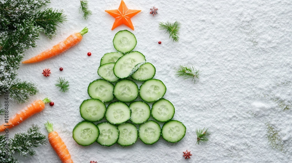 Festive vegetable Christmas tree made of cucumber slices, topped with ...