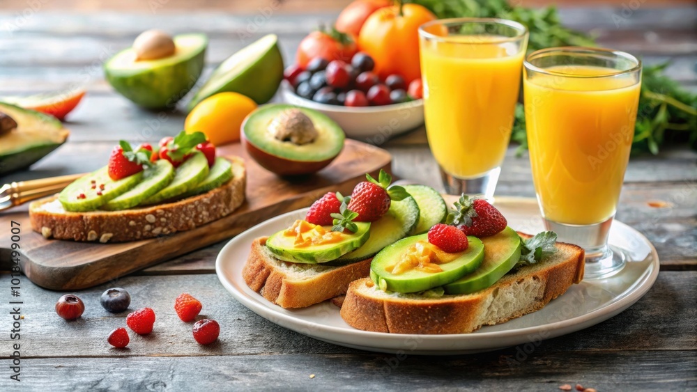 Brunch and Mimosa at a trendy cafe with avocado toast and fresh fruit ...