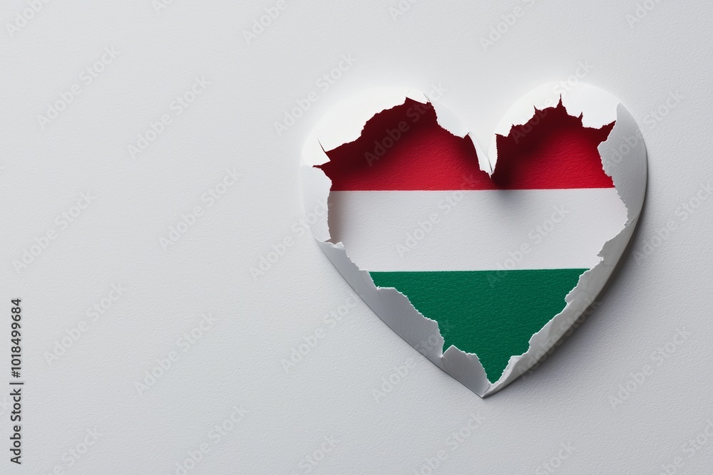 Heart-shaped tear in white paper exposing the Italian flag, bold and ...