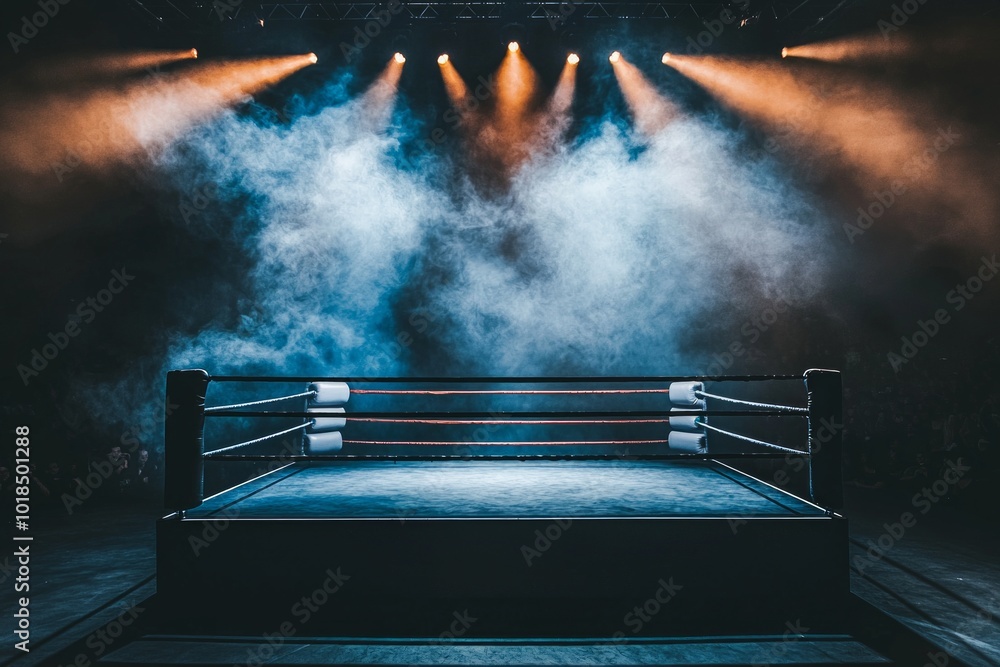 Low key lighting sets the mood above the boxing ring where beams of ...