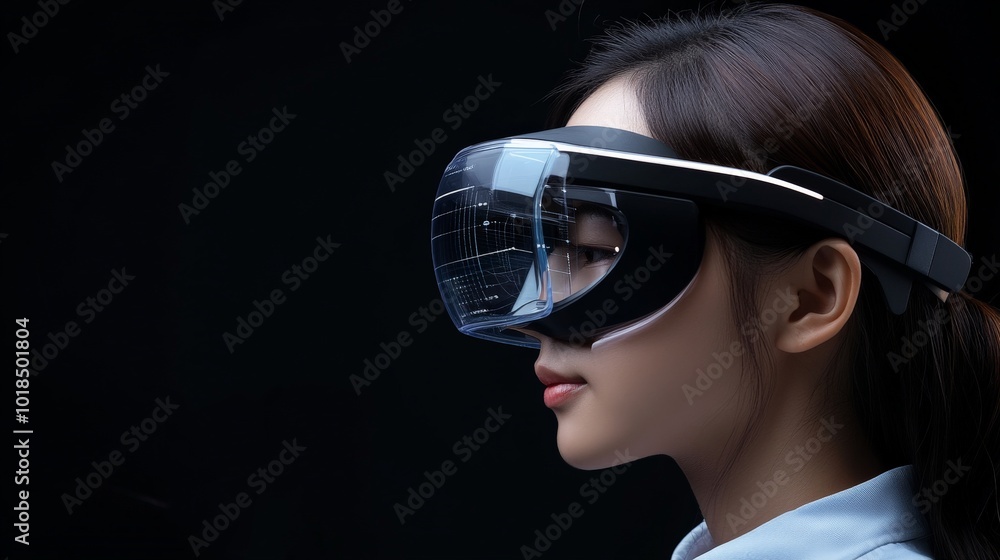 Virtual Reality Immersion: A woman gazes intently into the future, her ...