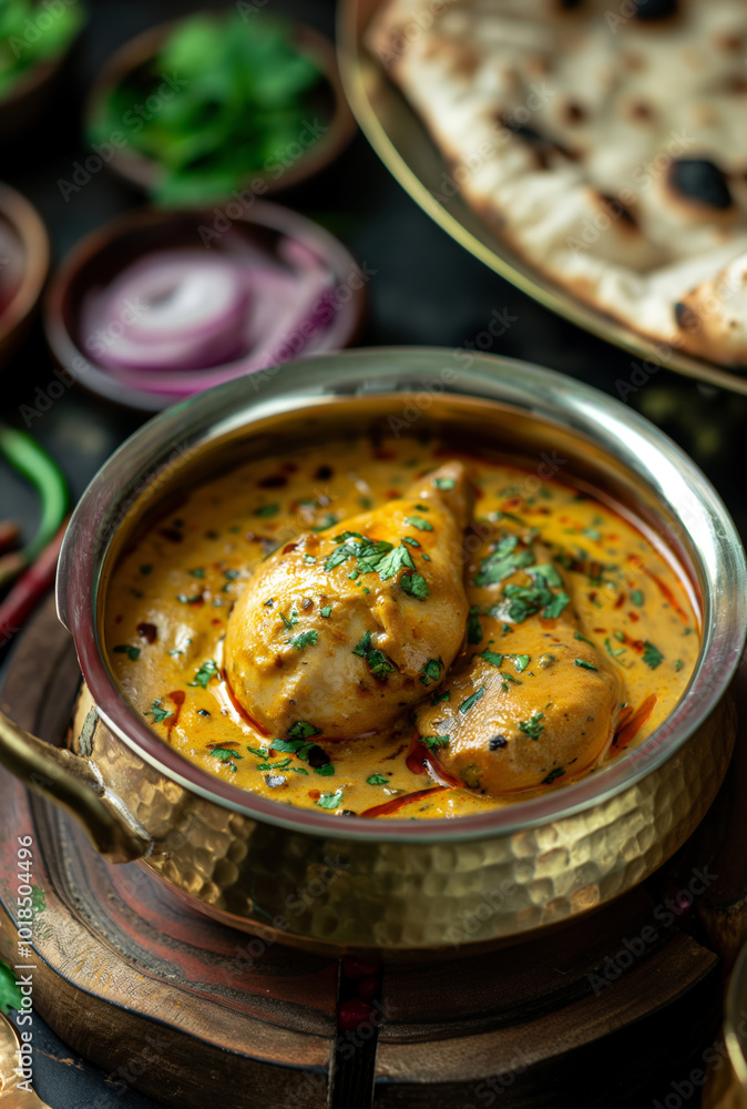 A golden bowl of chicken curry sits on the table, with an Indian style ...