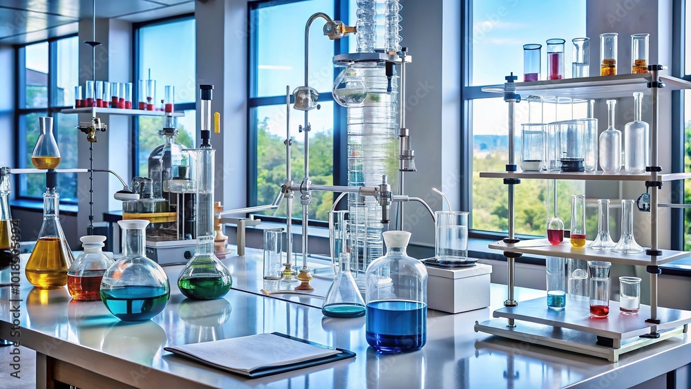 A modern laboratory setup featuring a reflux condenser apparatus with ...