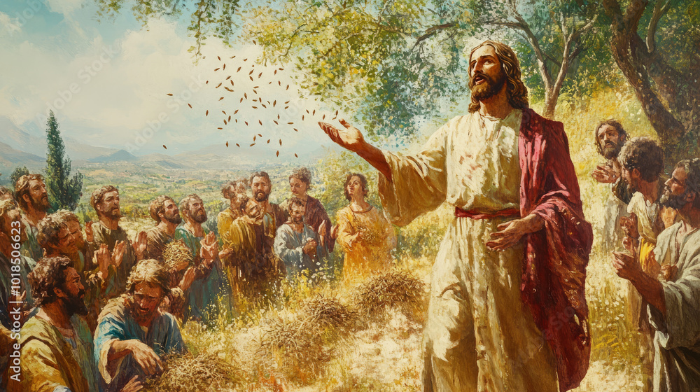 Jesus Christ teaching the Parable of the Sower, with visuals of seeds ...