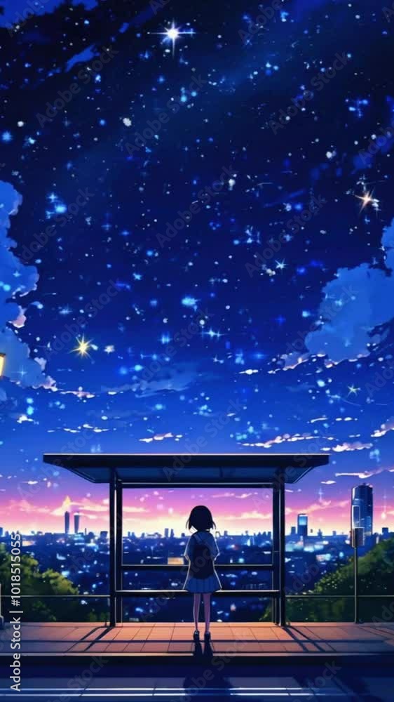 An anime girl rooftop high-rise building, vast starry sky. moonlight ...