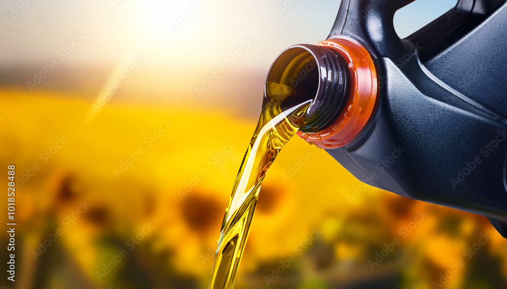 close-up of a golden stream of motor oil being poured from the neck of ...