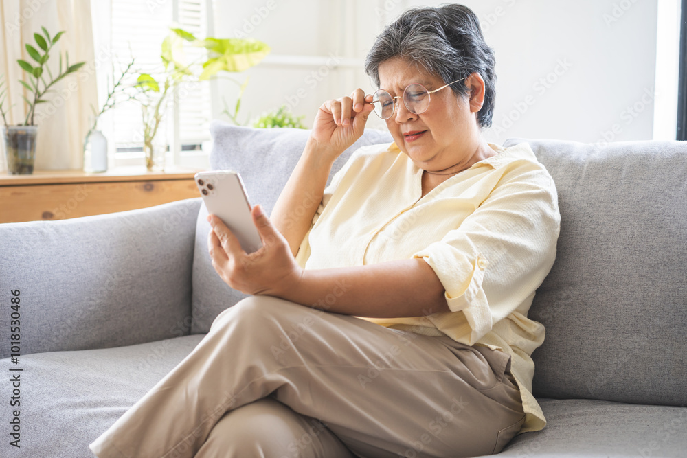 Poster Presbyopia, Hyperopia mature, aged asian woman wearing glasses ...