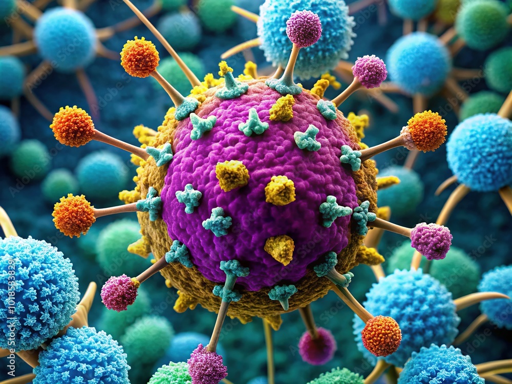 High-magnification colorized electron micrograph of a bacteriophage ...