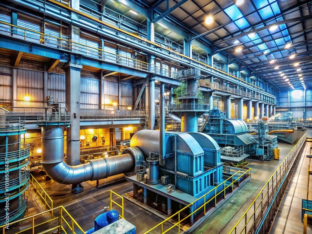 Industrial infrastructure unfolds with a massive gas turbine hall ...