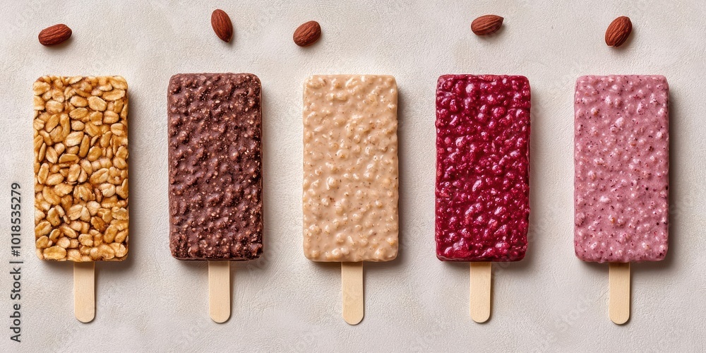 Assorted ice cream bars with various toppings on a light background ...