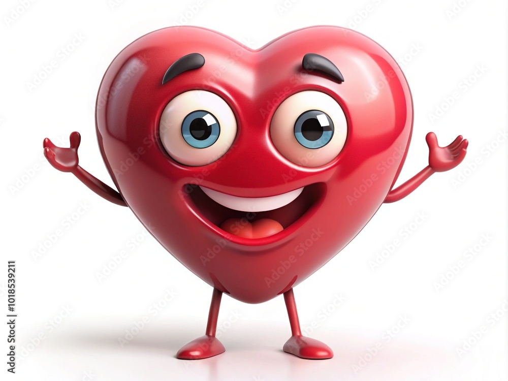 Smiling anthropomorphic heart adorned with wide-open eyes, blushing ...