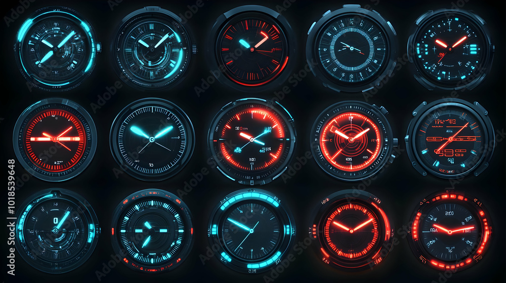 Futuristic Watch Faces with Digital Displays and Red and Blue Lights ...