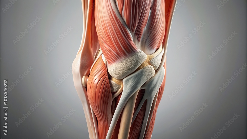 Sturdy knee joint showcased with visible tendons and muscles, supported ...