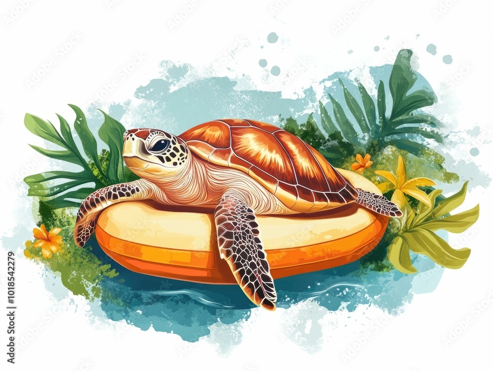 Retro style of a turtle floating on an inflatable raft in a tropical ...
