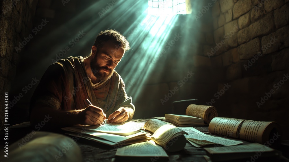 Apostle Paul writing letter in dimly lit prison cell surrounded by ...