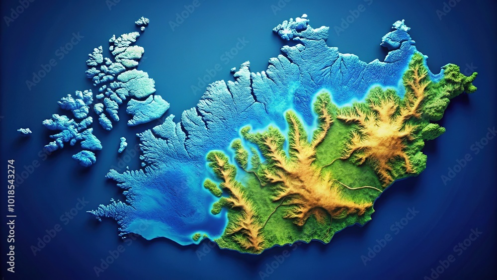 Vibrant, high-contrast map of Iceland, highlighting its unique ...