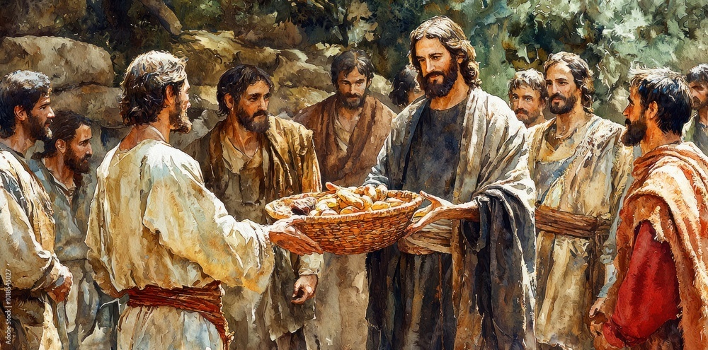 Artistic depiction of Jesus Christ distributing bread to his disciples ...