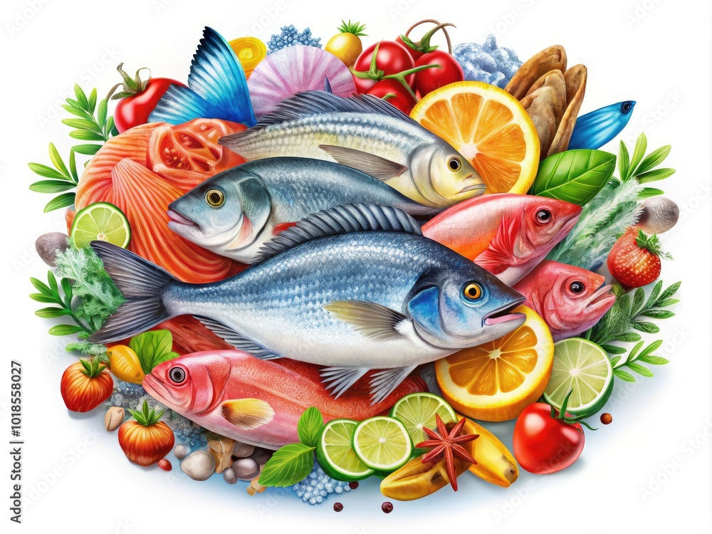 Refined logo design for seafood brand featuring vibrant fish, shellfish ...