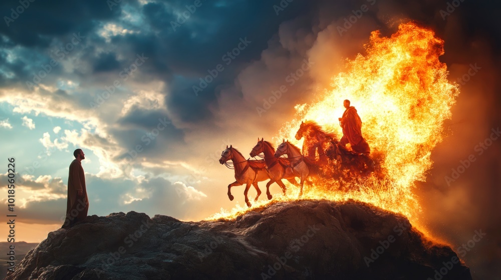 Prophet Elijah being taken up to heaven in fiery chariot horses blazing ...