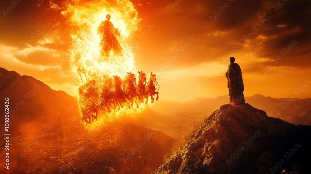 Prophet Elijah being taken up to heaven in fiery chariot horses blazing ...