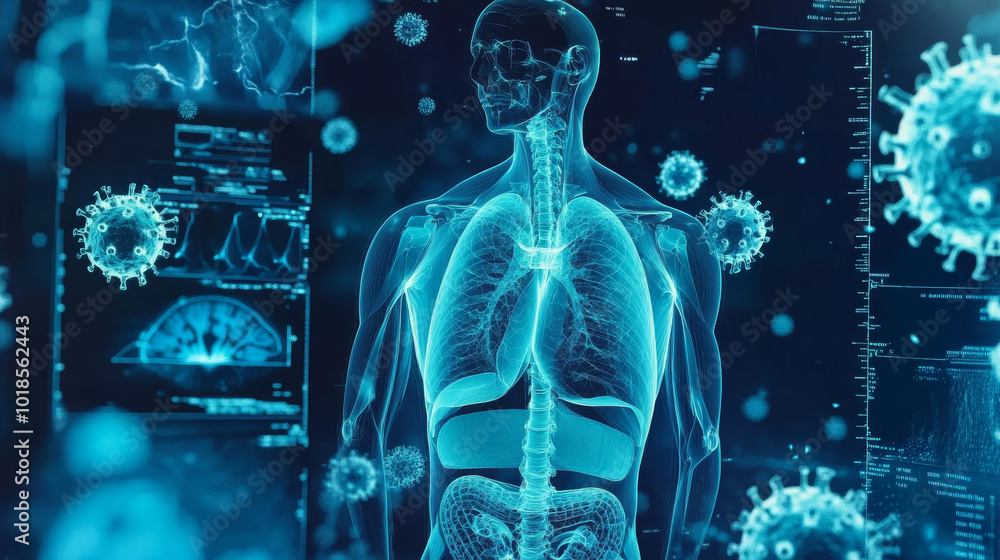 A blue illustration showing a 3D human body undergoing X-ray and MRI ...