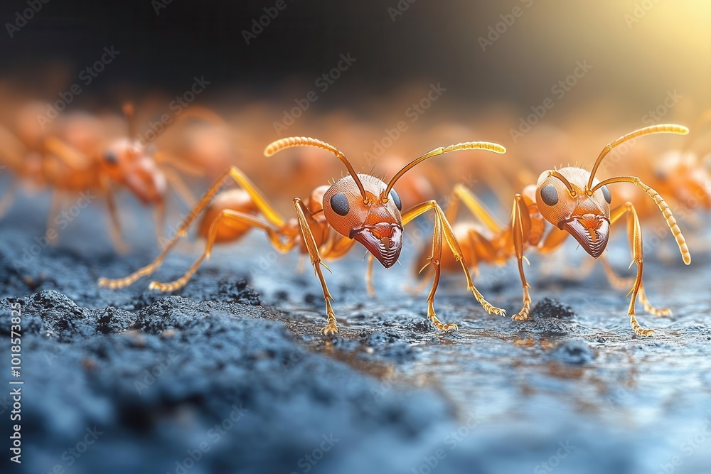 line of industrious ants marching across a surface in search of food ...