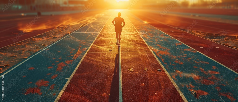Wide shot of an athlete starting to run on the track, with his shadow ...