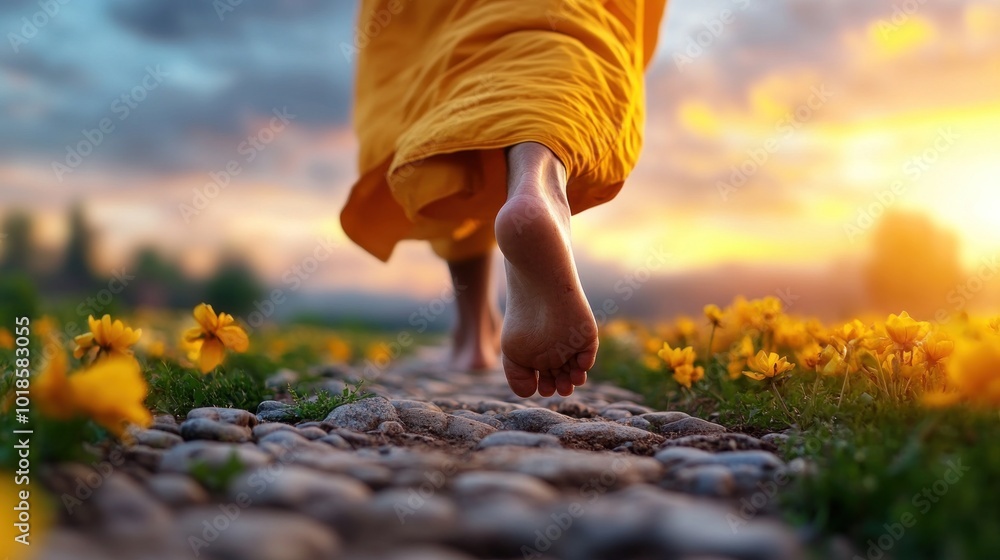 Monks walking barefoot on an alms round, symbolizing humility and ...