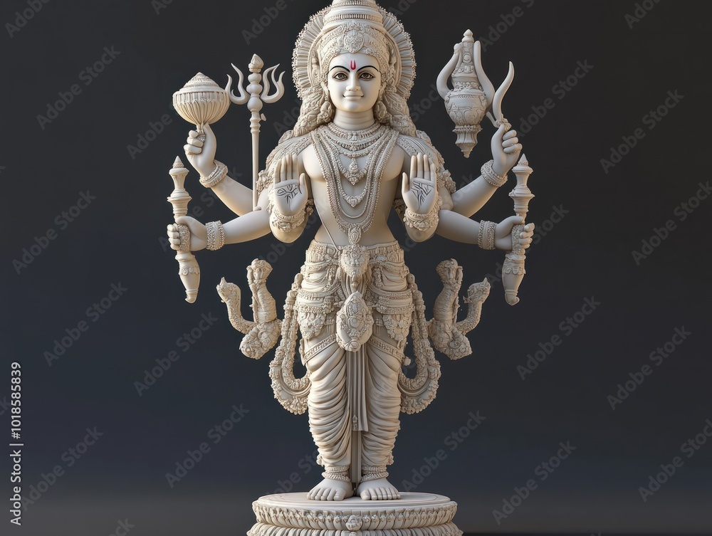 A detailed 3D printed model of Lord Vishnu standing with his four arms ...