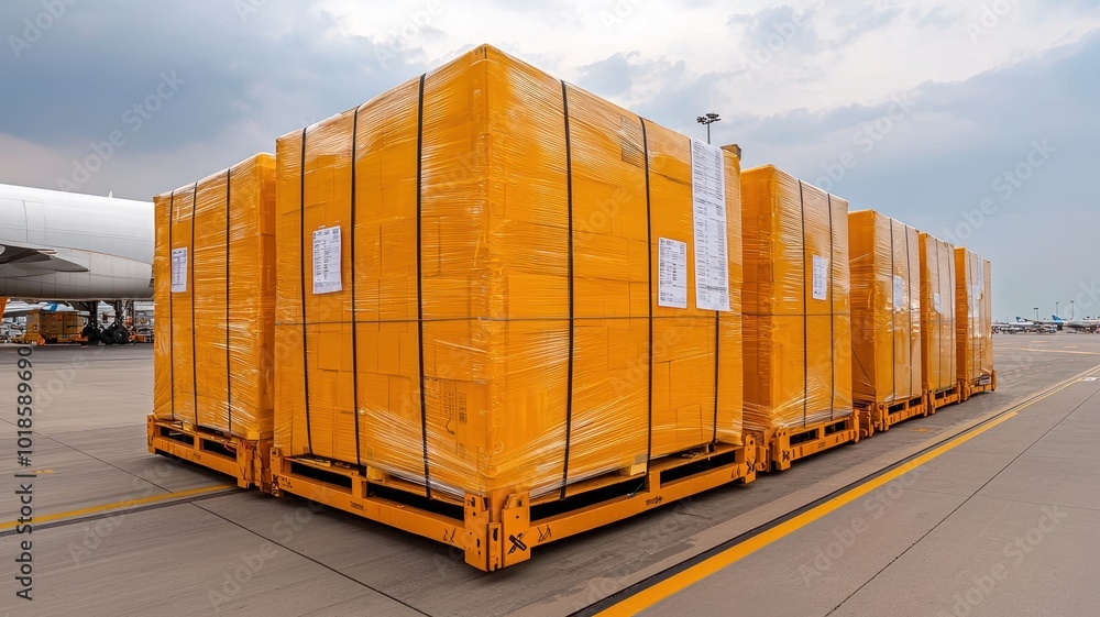 Yellow freight pallets stacked at an airport runway, ready for loading ...