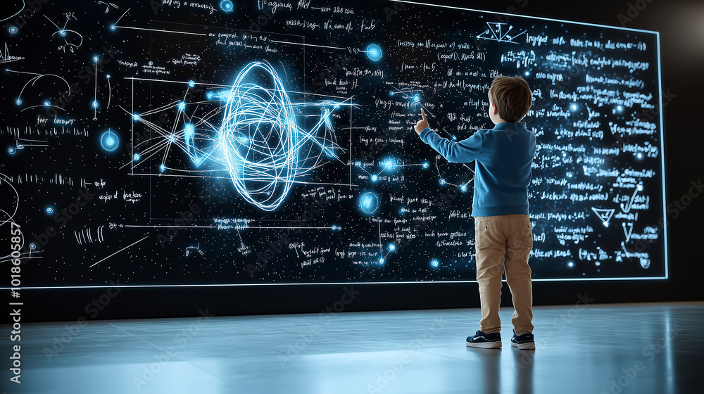 child stands in front of glowing blackboard filled with complex ...