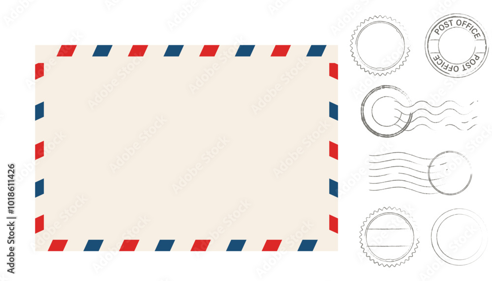 Airmail blank postcard template retro border envelope with stripes ...