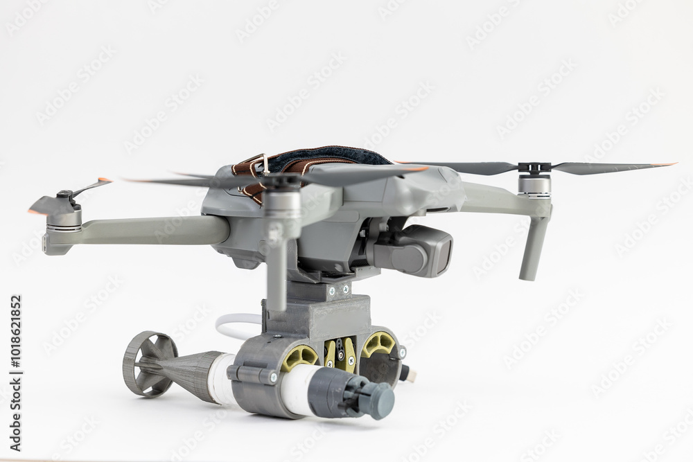 Army drone with mechanism for dropping grenades on white isolated ...