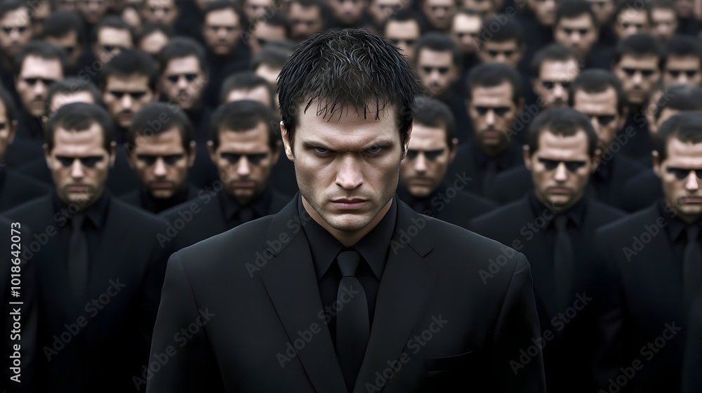 Uniformed corporate businessmen in dark suits standing together in ...