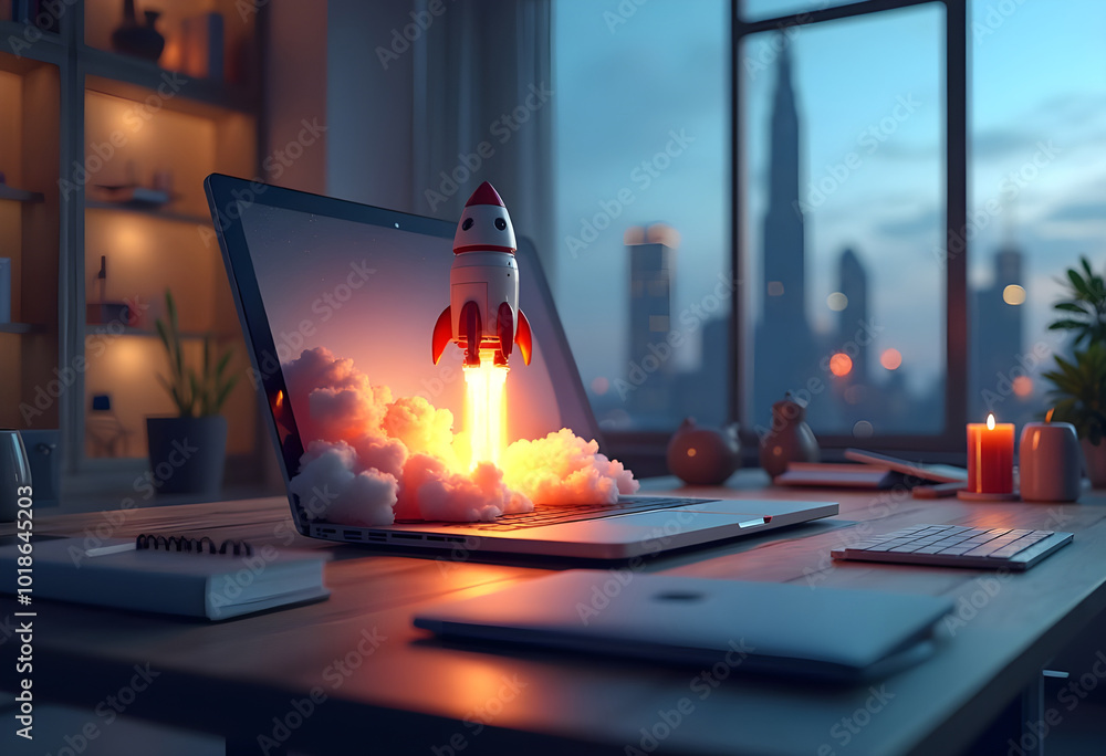 Launch into the future! A sleek space rocket blasts off from a laptop ...