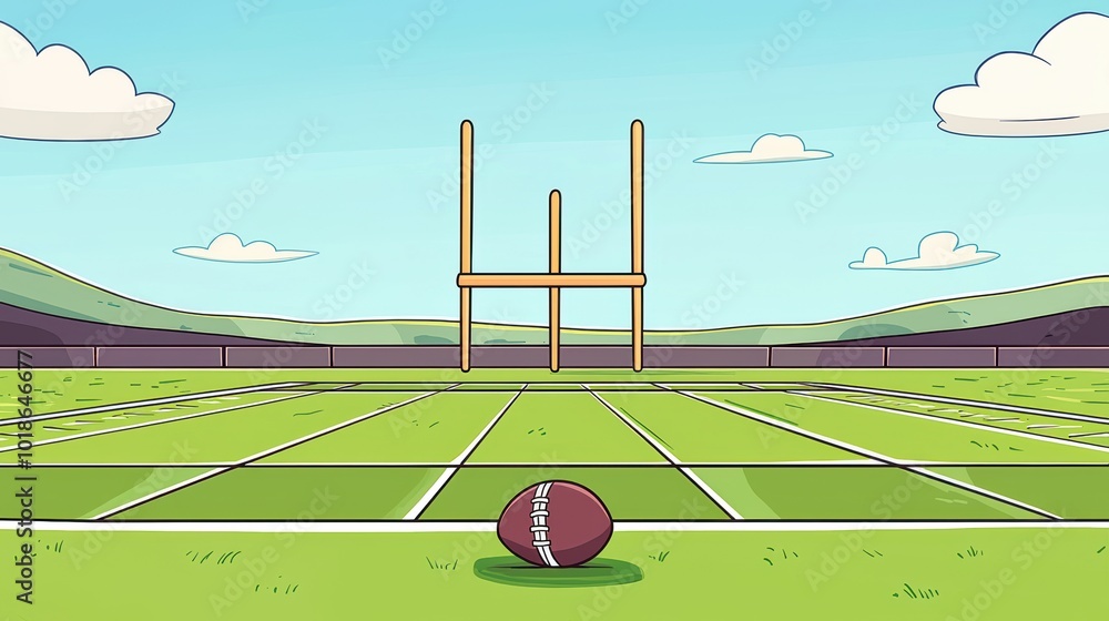 Cartoon-style football field with basic lines, goalposts, and a single ...
