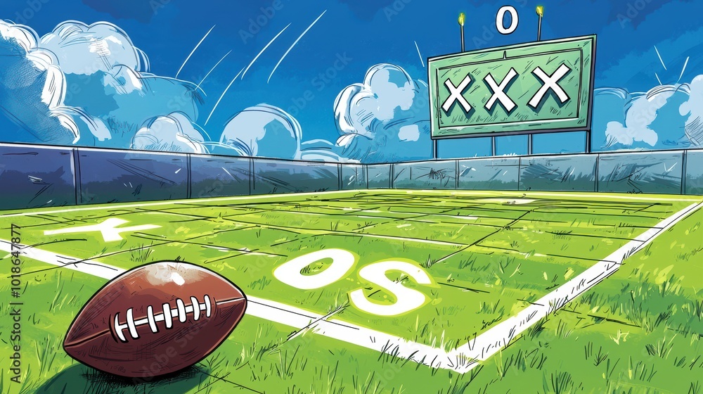 Cartoon football playbook with simplified Xs and Os, bold lines and ...