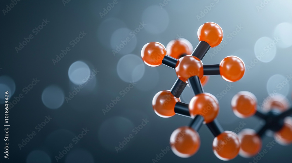 Close-up of red beads representing molecules in a 3D model of chemical ...