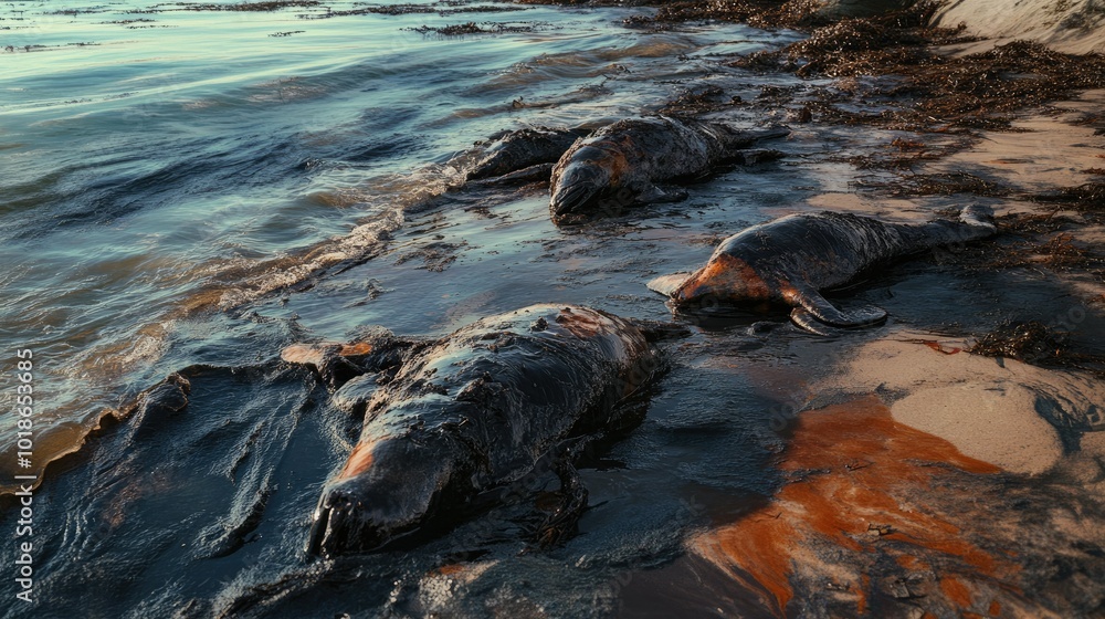 A coastal scene with dead marine animals washed ashore, their bodies ...