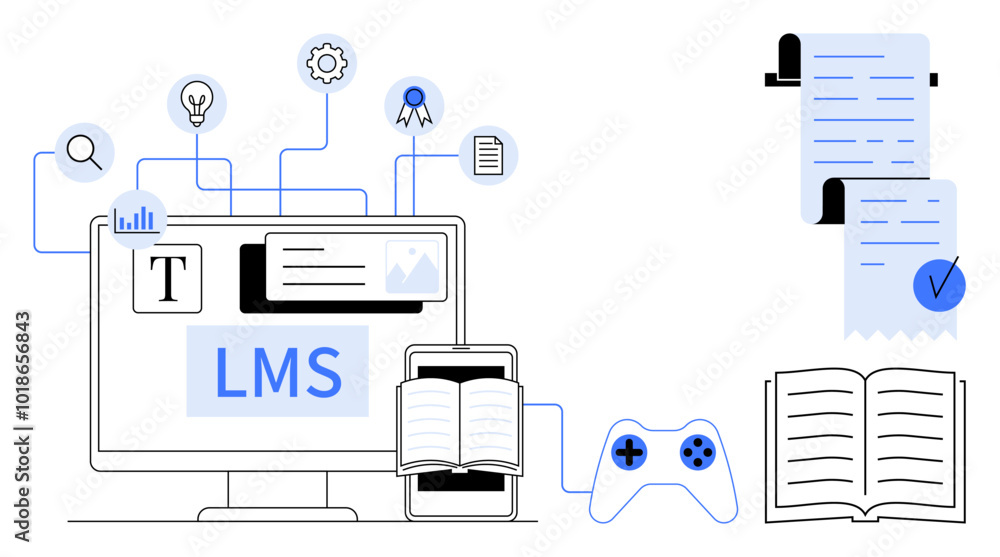Computer monitor showing LMS beside smartphone with a book. Icons for ...