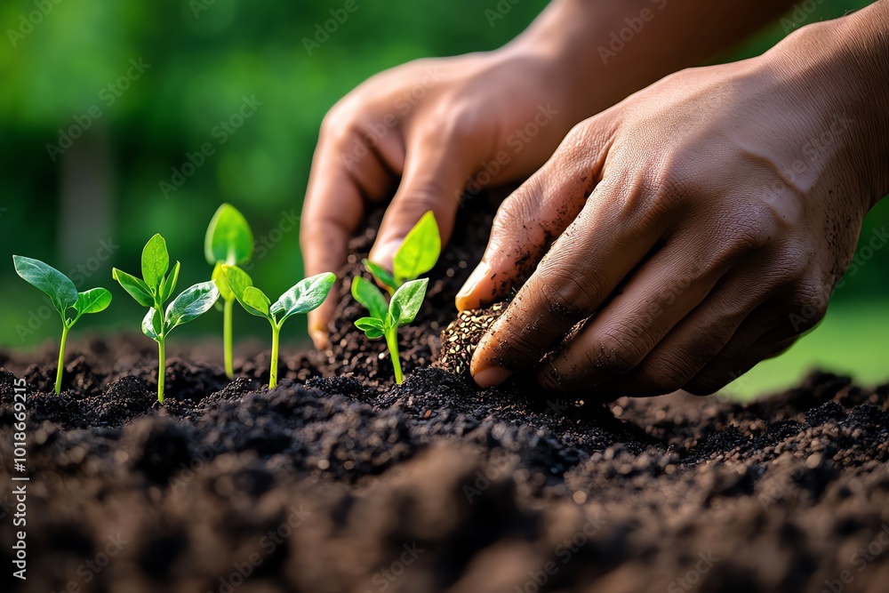 Hyper-realistic depiction of a farmerâ€™s hands planting seeds in rich ...