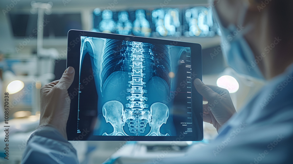 Using a digital tablet, the doctor diagnoses the spine, lumber ...