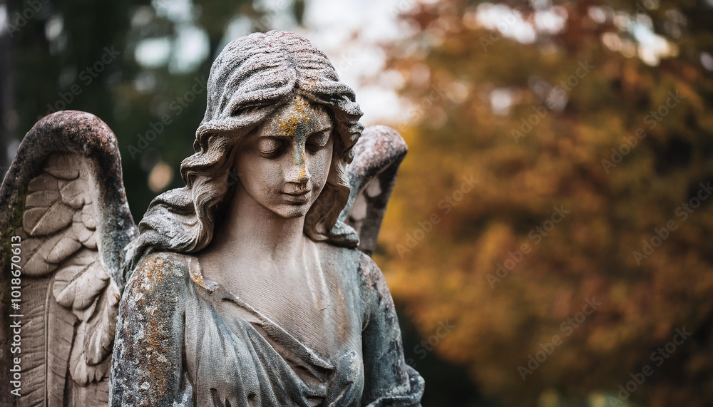 Beautiful angel statue in cemetery. Moody autumn backdrop. Stock Photo | Adobe Stock