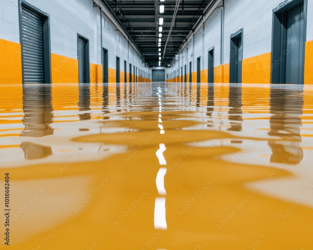 A flooded corridor with orange walls and storage unit doors, reflecting water in a stark ...
