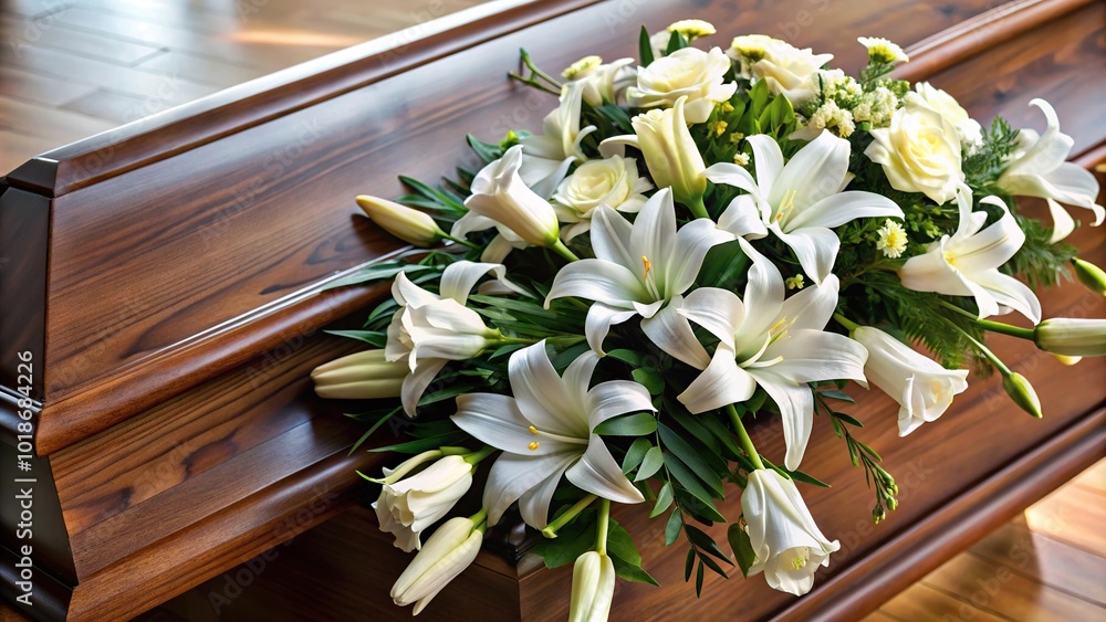Bird's eye view of white lilies flowers arrangement for mourning or ...
