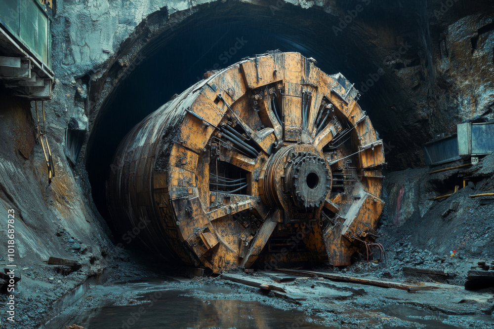 Large tunnel boring machine is digging a new subway line underground ...
