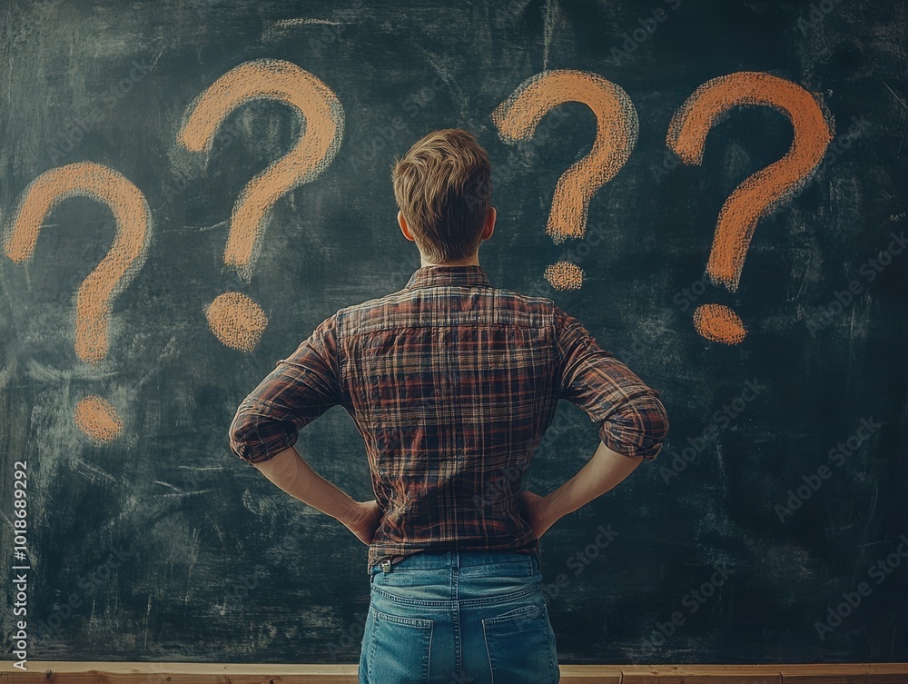 Person pondering questions in front of a chalkboard filled with ...