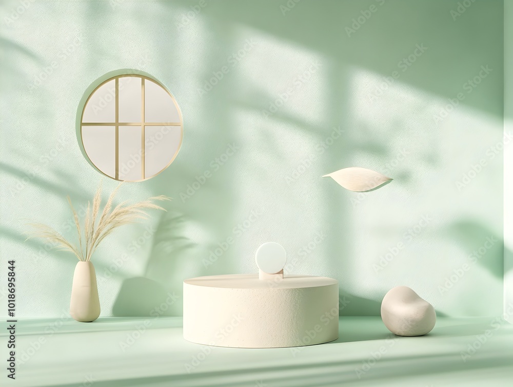 Minimalist 3D studio room with empty floor and wall featuring a product ...