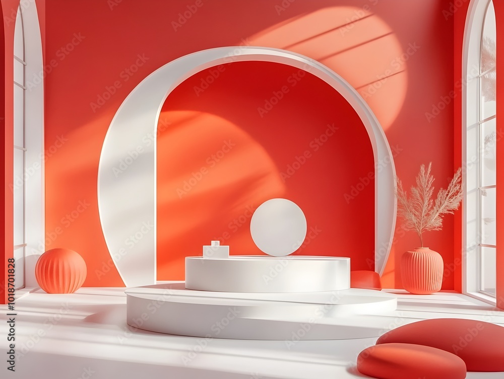 Sleek and minimalist 3D studio setting featuring a crimson red backdrop ...
