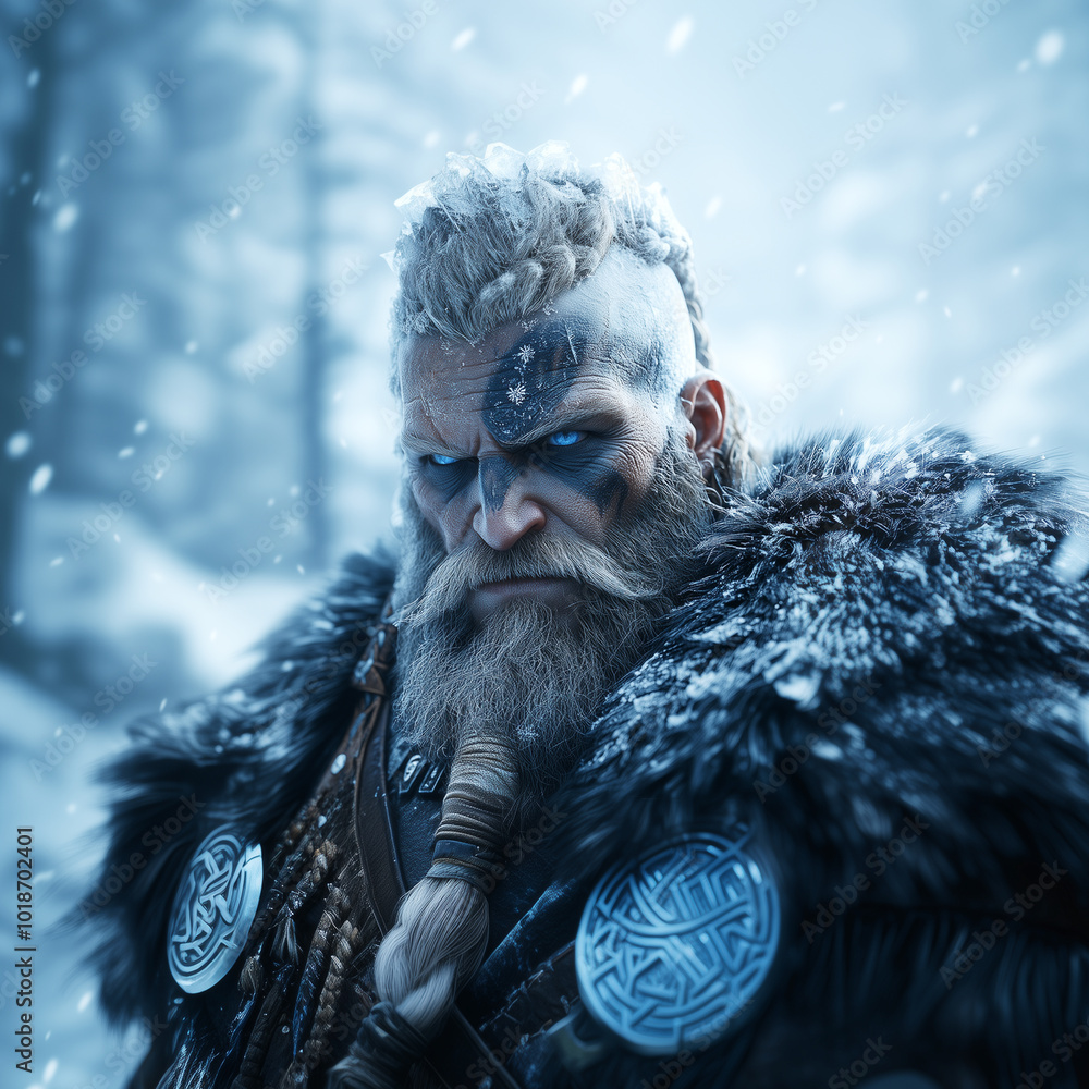 a burly Viking character with frost-covered armor, a massive axe, and ...